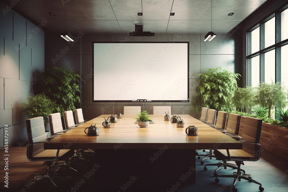 Large blank screen in the office meeting room , modern interior. Table ...