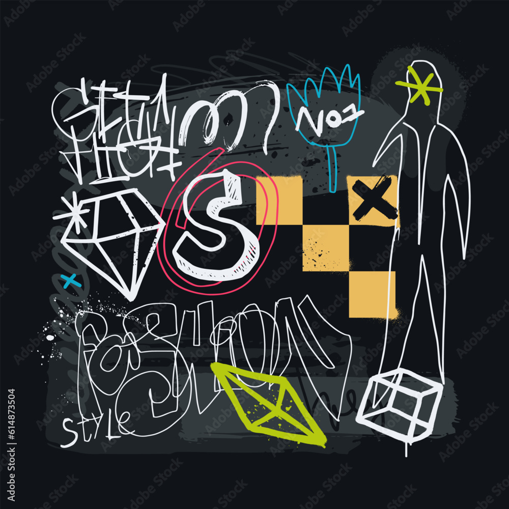 Abstract scribble texture. Urban graffiti background with tags, symbols ...