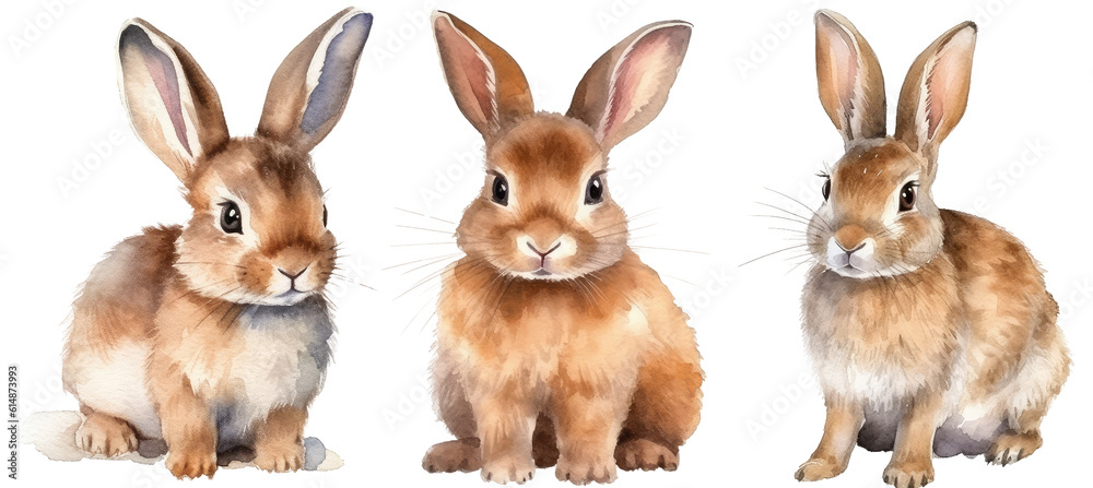 Collection of three watercolour paintings of brown cute rabbits ...