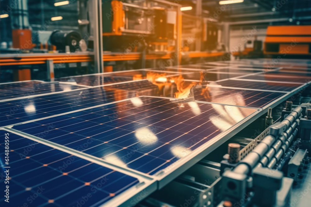 Glossy solar panel being produced at factory, photovoltaic power cells ...