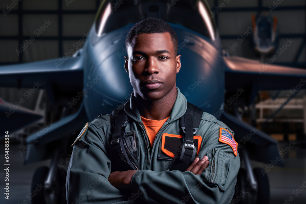 African American military fighter jet pilot portrait. Generative AI ...