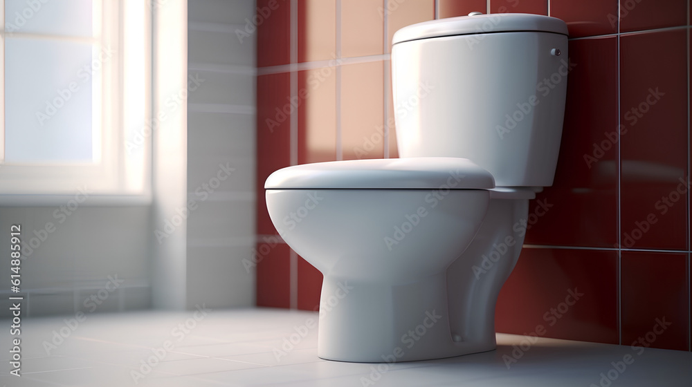 A bright white toilet bowl with a cistern against a red wall ...