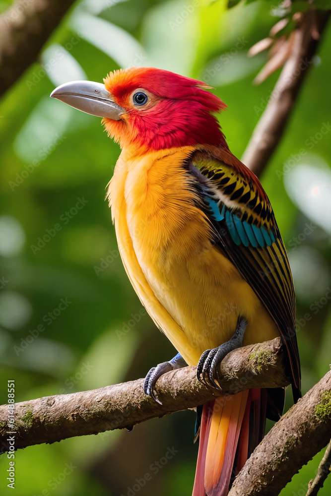 Colorful tropical bird in jungle on a sunny day. Rainforest ...