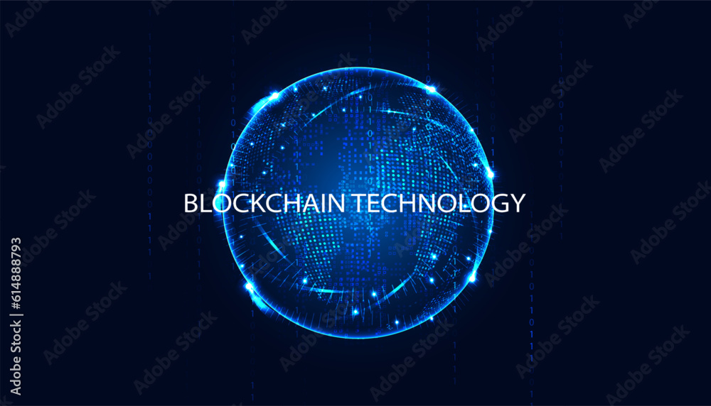 Abstract blockchain technology and globe concept. Modern blue ...