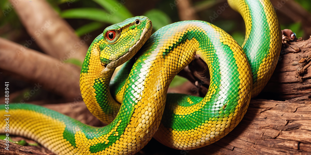 Tropical snake in jungle on a sunny day. Rainforest illustration with ...