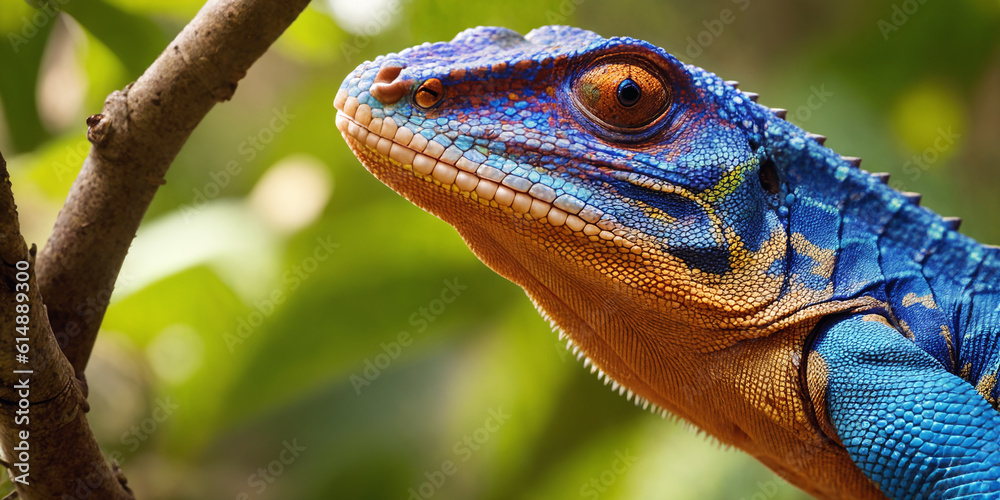 Tropical lizard in jungle on a sunny day. Rainforest illustration with ...