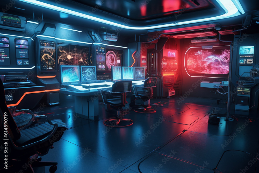 Cyberpunk-inspired sci-fi lab space with neon lighting and advanced ...