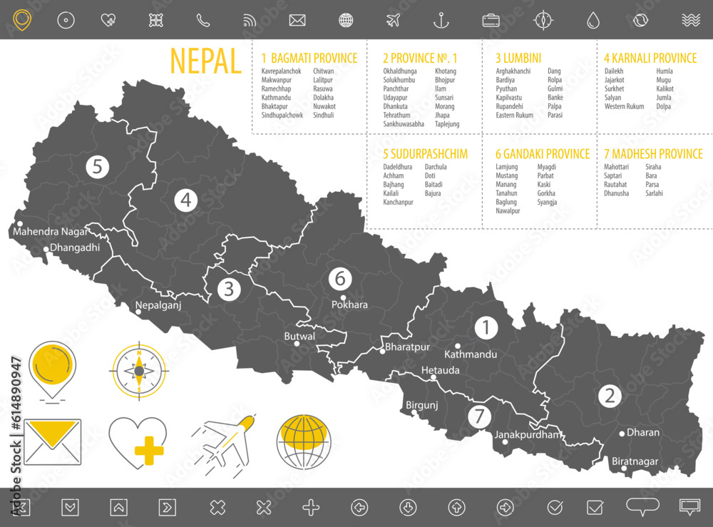 Detailed monochrome map of Nepal, gray country territory with geographic borders and ...