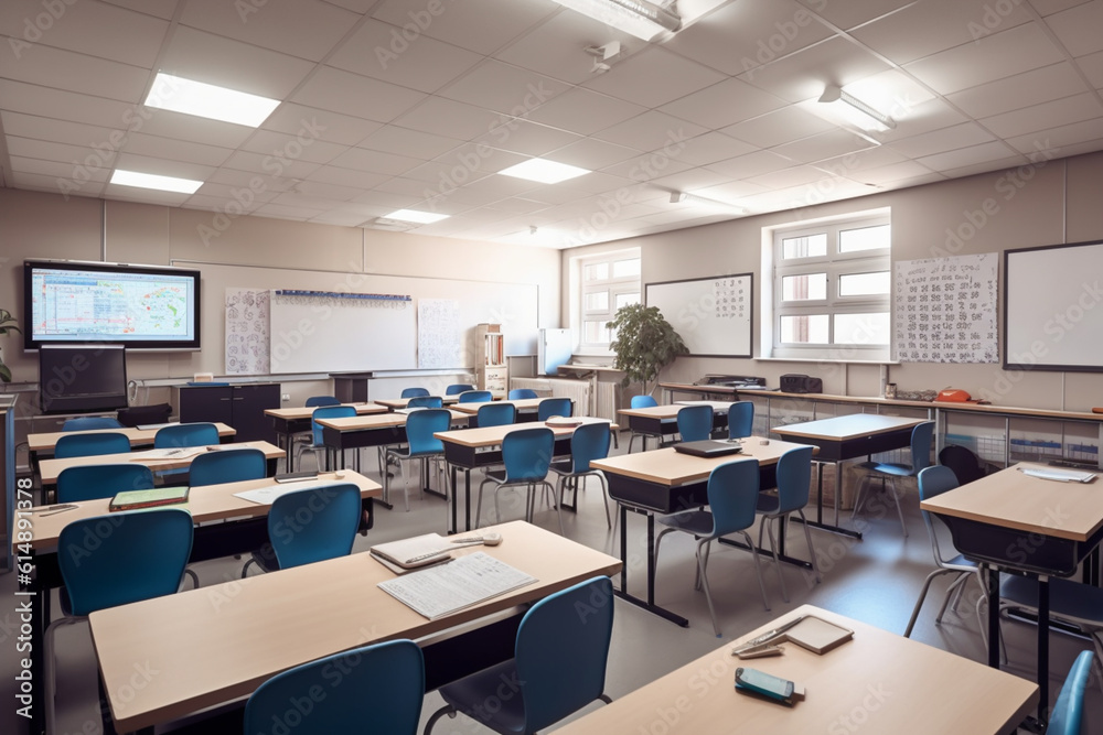 Modern and technology-equipped school classroom with smart boards and ...