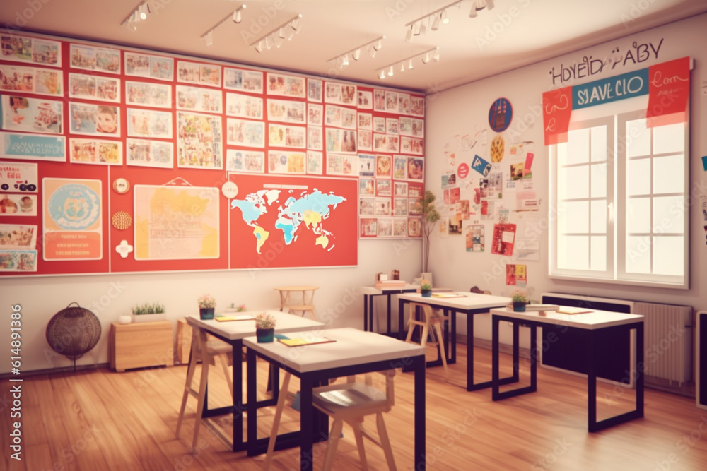 Language learning school classroom with language posters and ...