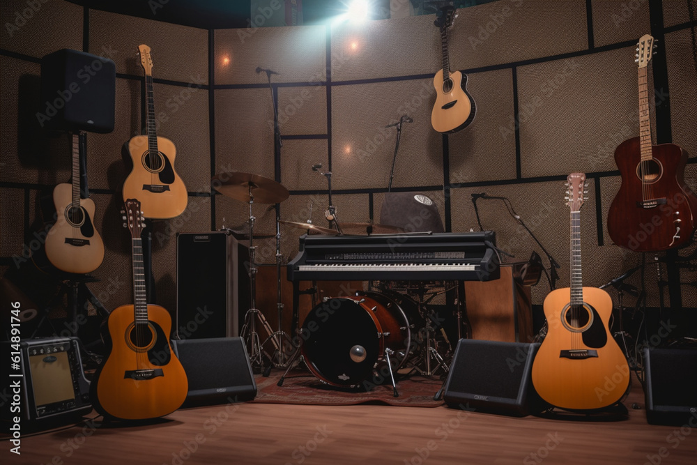 Music and performing arts school classroom with musical instruments and ...