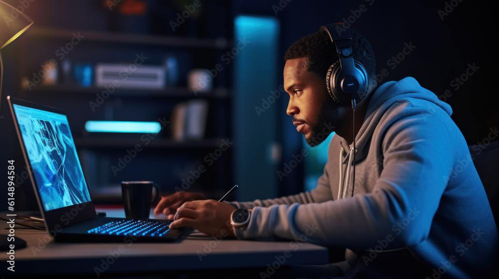 Student wearing headphones uses laptop created with generative AI ...