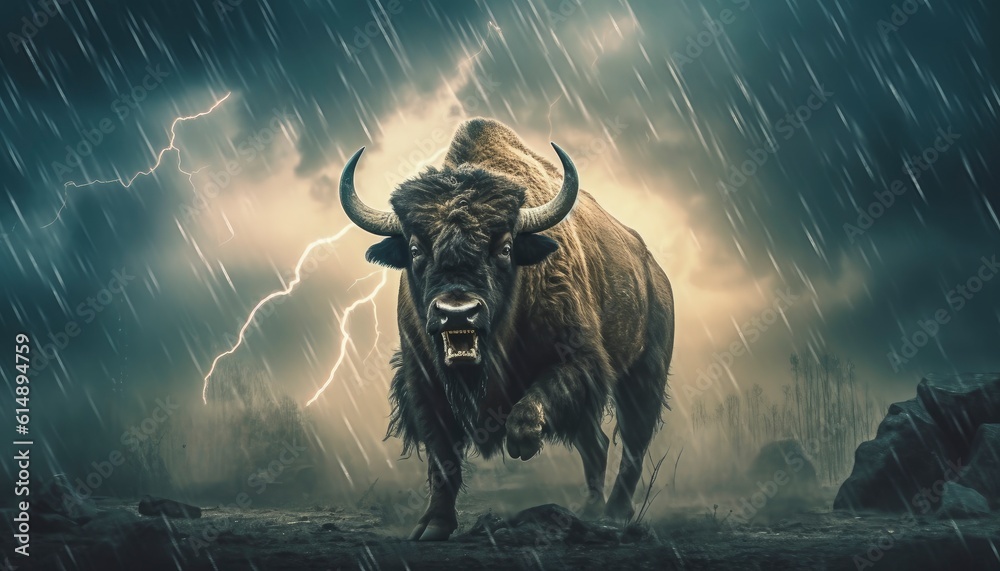 Buffalo in a storm lightning Stock Illustration | Adobe Stock