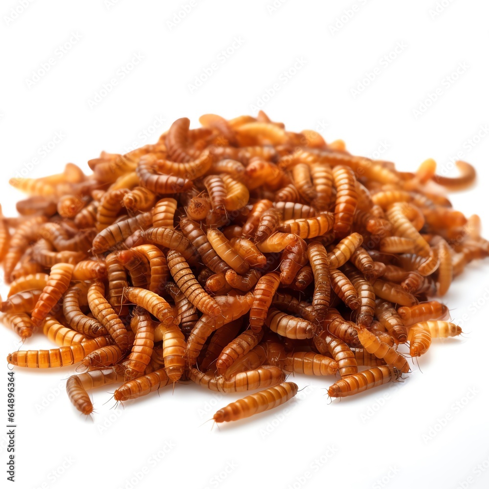 Snack insects. Tasty Mealworm larvae as food owhite background. Fried ...