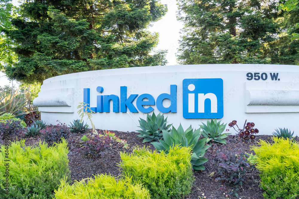 LinkedIn sign is seen at its campus in Sunnyvale, California, USA ...