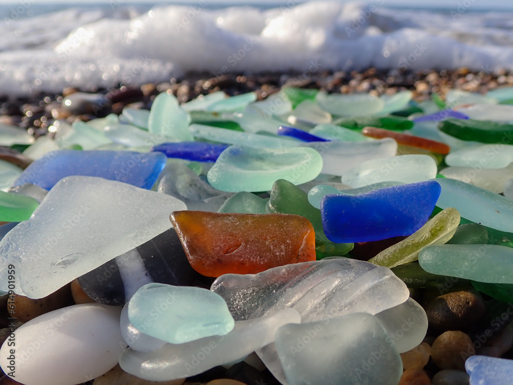 Sea glass, natural polish textured sea glass and stones on the seashore ...