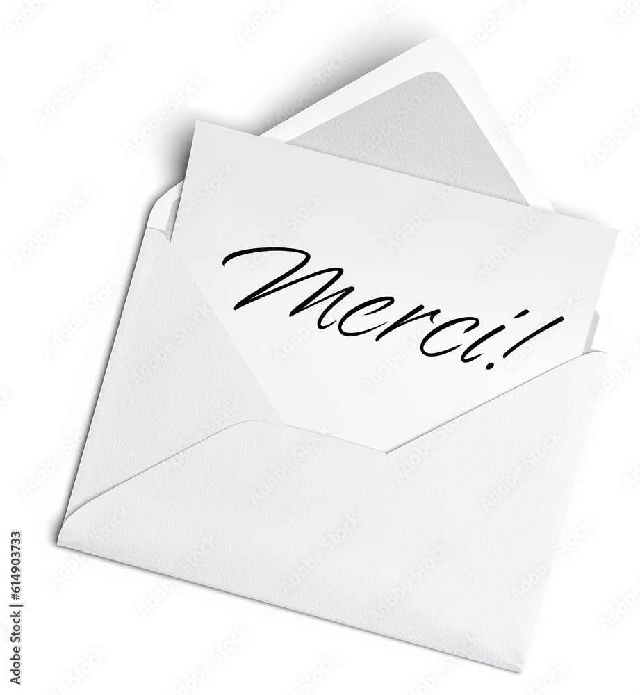 Letter with the French text "Merci" ("Thanks") in an envelope on ...