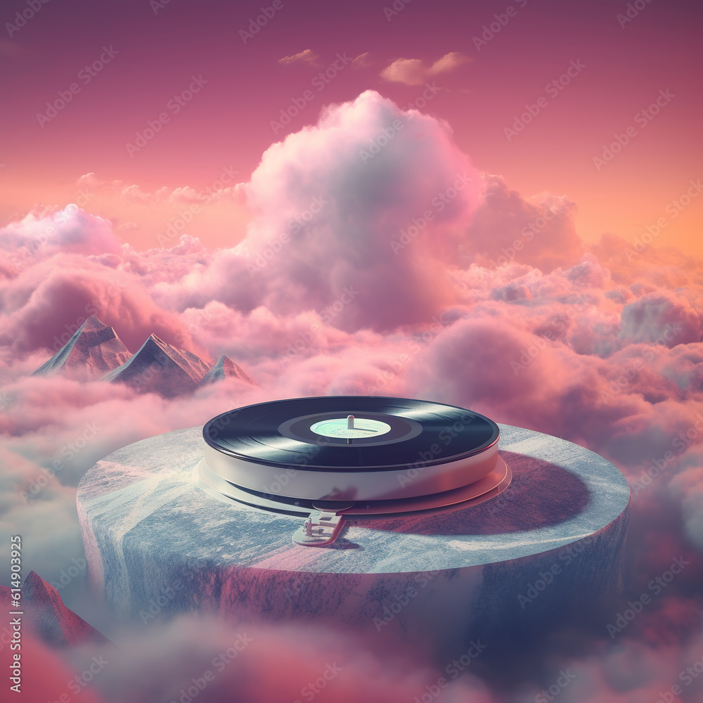 Surreal landscape featuring a giant vinyl record player. Fantasy ...