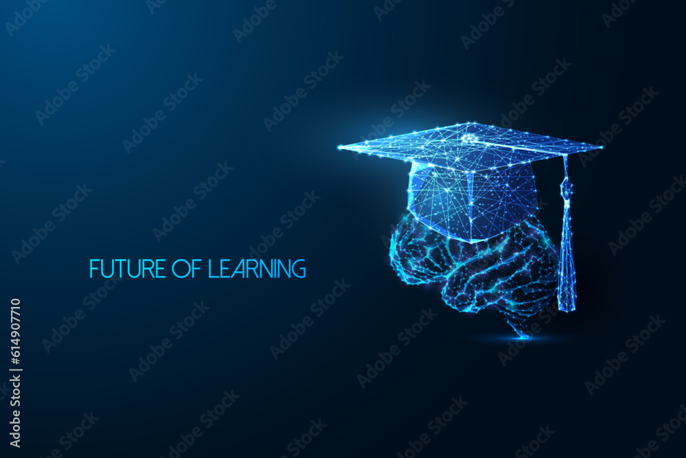 Neuroscience, future of learning futuristic concept with graduation cap and brain on blue ...