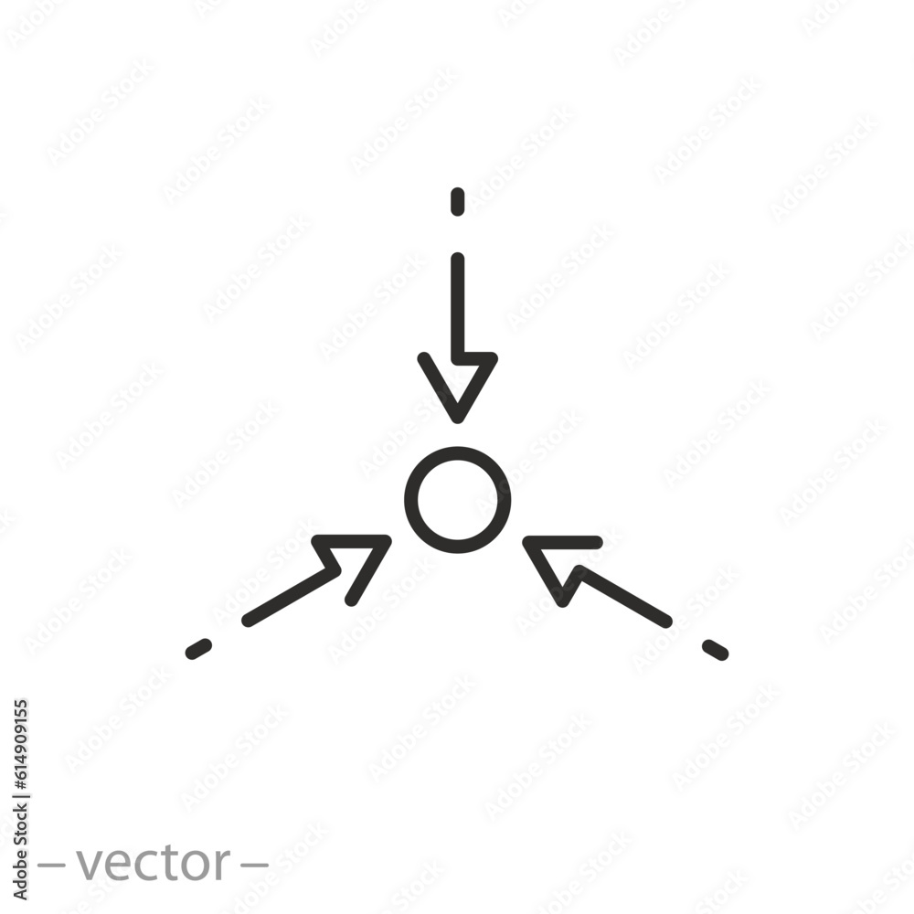 meeting circle icon, three arrows, center point, triple alignment, line ...