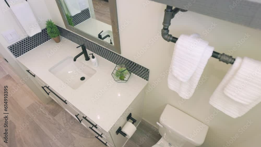 Bathroom High Angle Looking Down Rising Above Vanity and Shelf. slow ...