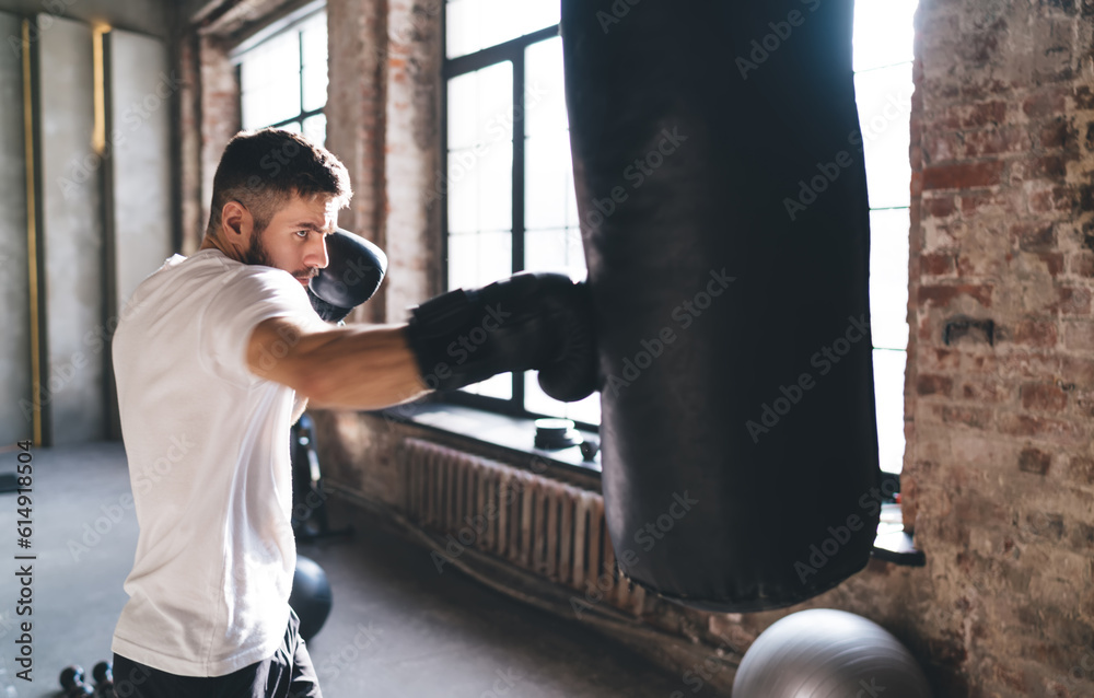 Male boxer punching bag in gym with boxing gloves Stock Photo | Adobe Stock