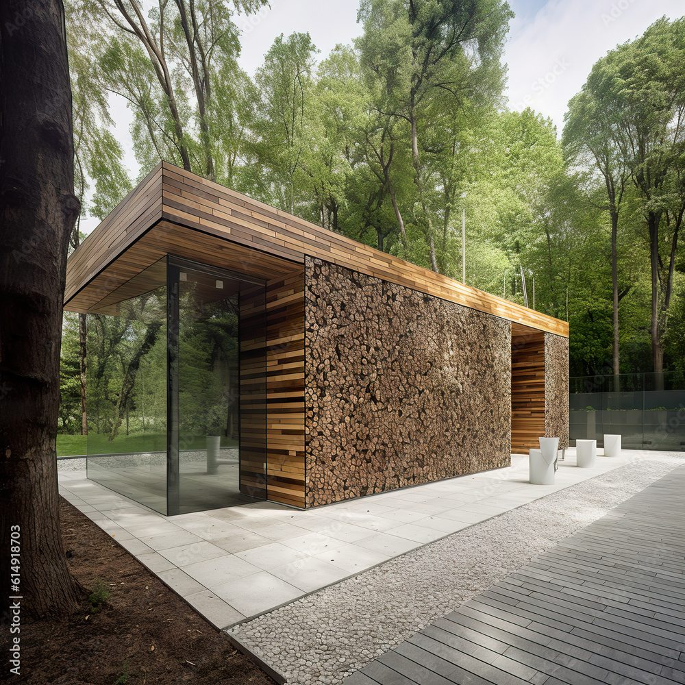 Public restroom with modern design located in a forested area in a ...