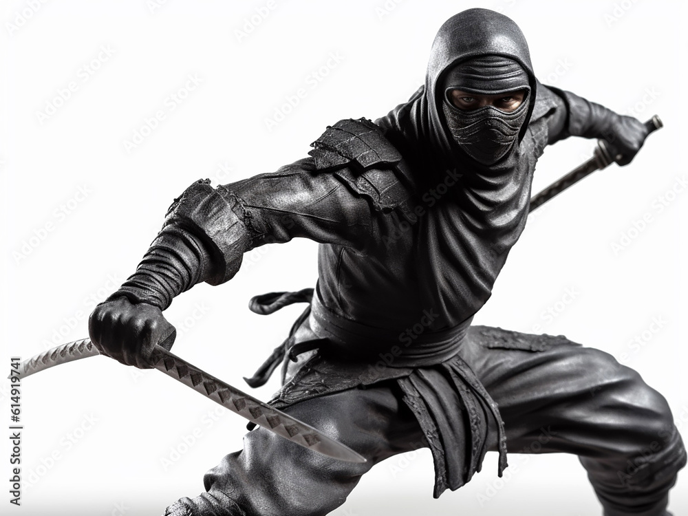 Ninja warrior in a fighting stance and on an isolated white background ...