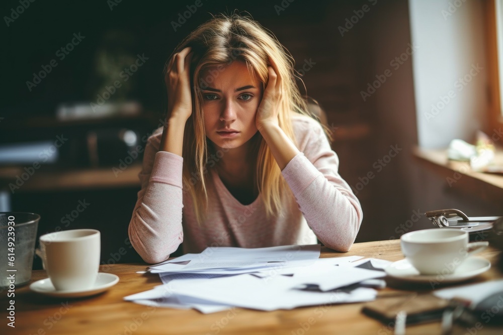 Woman doing paperwork. The concept of being stuck at work or preparing ...