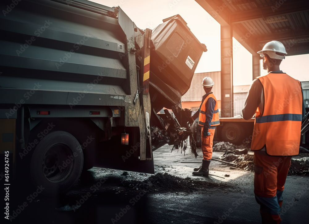 Illustration of two garbage men working together on emptying dustbins ...