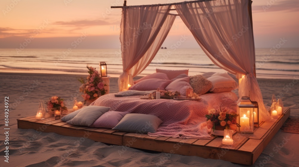 Beachfront wedding setup with romantic bed and gazebo. Stunning sunset ...