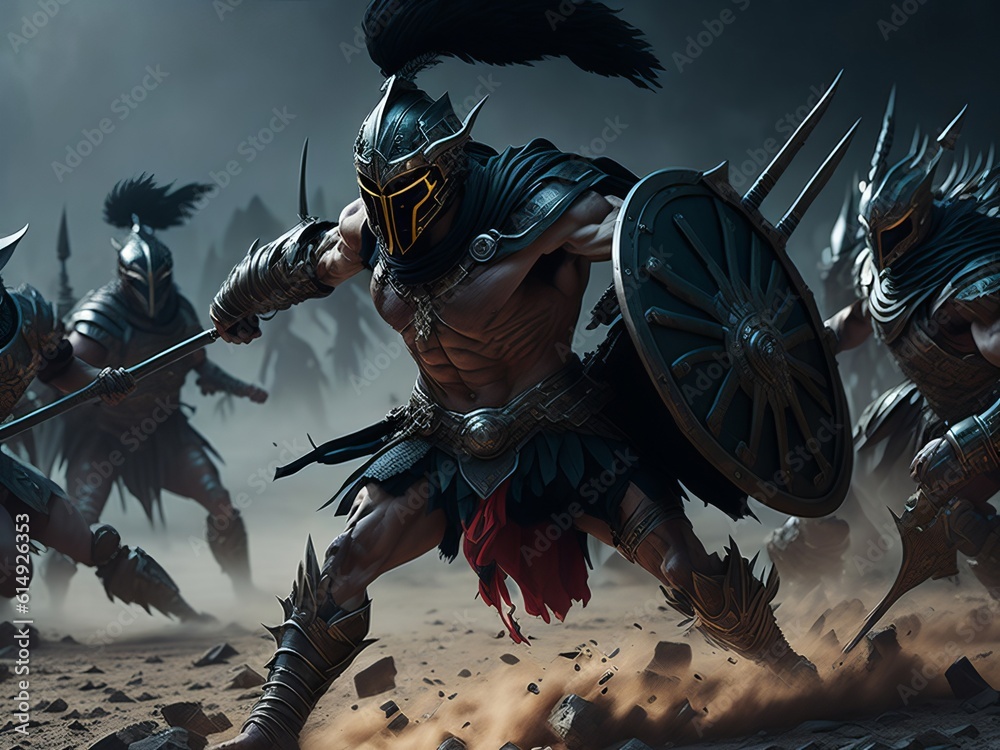 Dark epic of spartan warrior in the battle, battle action, dynamic ...