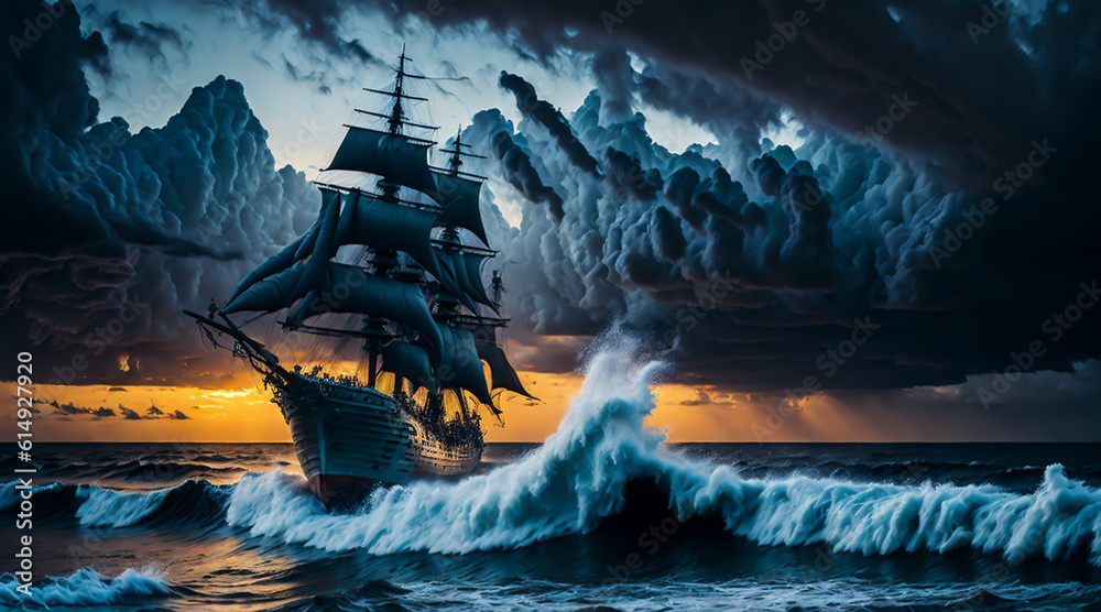 The panoramic view reveals a captivating scene of pirate ships ...