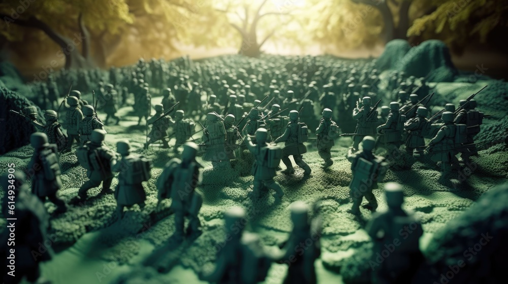 green plastic toy soldiers in the midst of a battlefield. generative ai ...