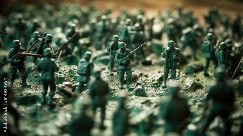 green plastic toy soldiers in the midst of a battlefield. generative ai ...