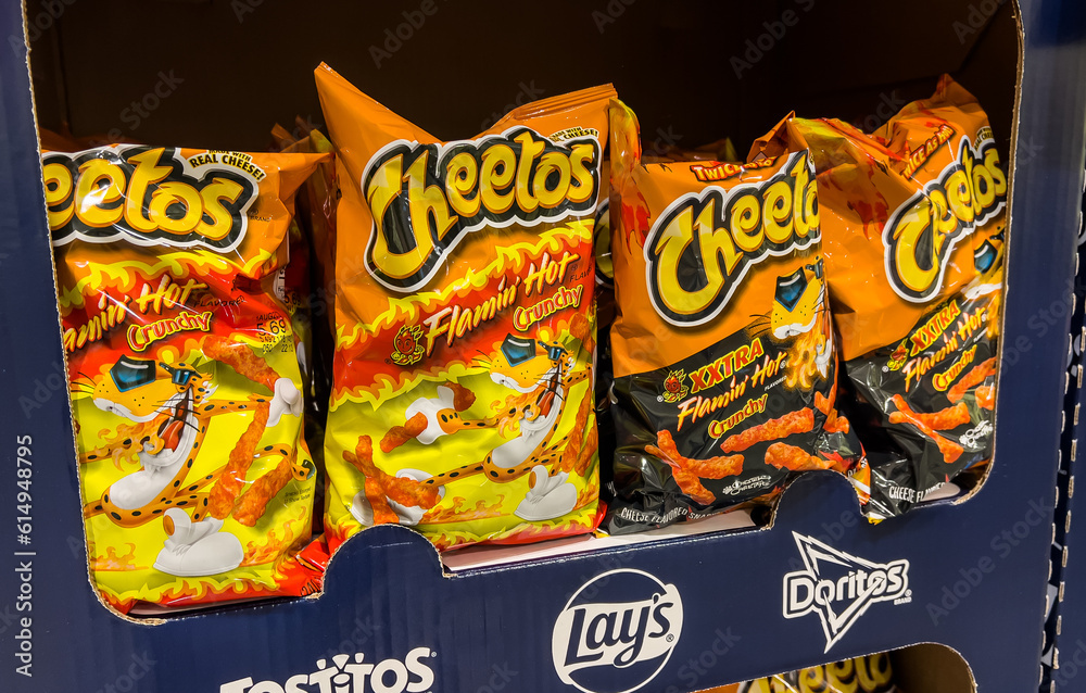 Los Angeles, CA, USA June 18 2023 Bags of Cheetos Flamin' hot brand ...