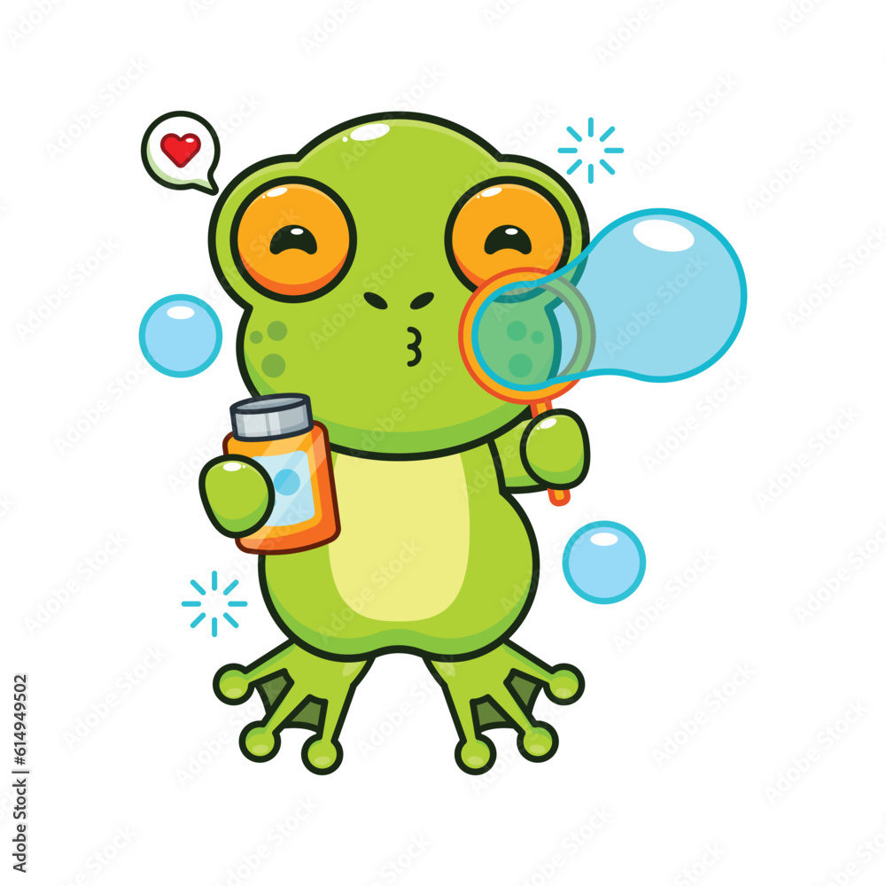 Cute Frog Blowing Bubbles Cartoon Vector Illustration Stock Vector
