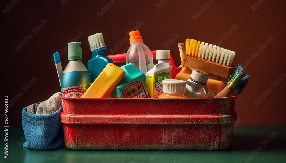 Variety of plastic containers in blue and multi colored backgrounds ...