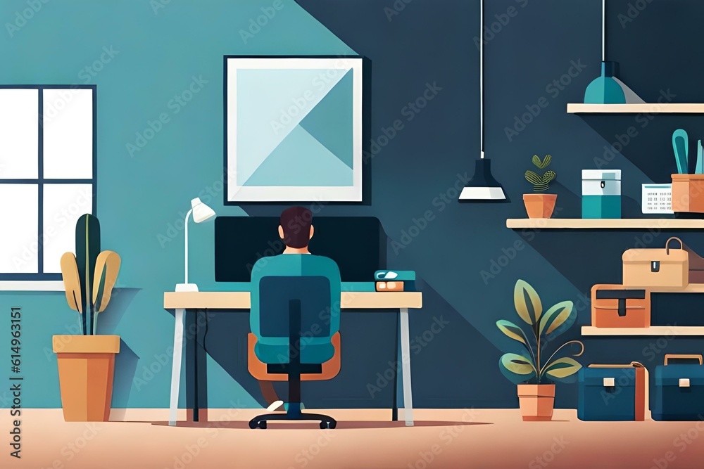2D flat illustration of a person working on a computer, showcasing a ...