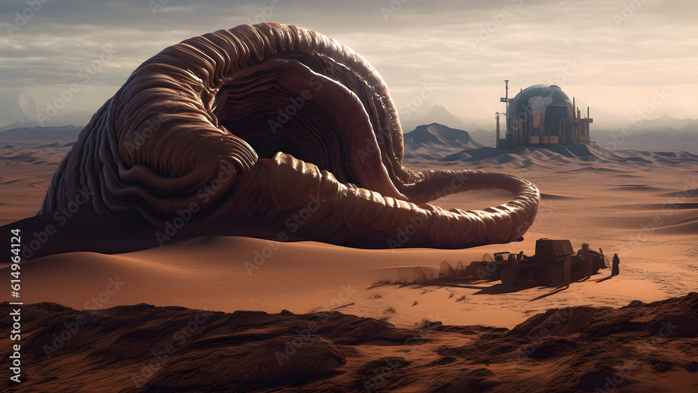 giant worm creature on martian desert surface. Neural network generated ...