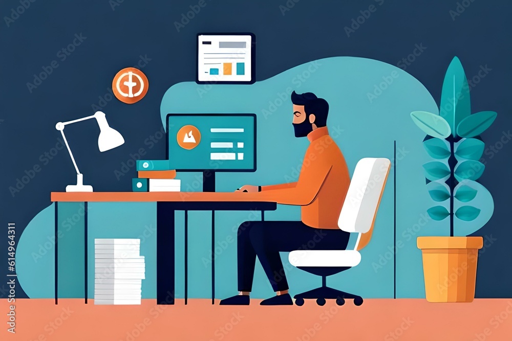 a flat illustration of a person working on a computer, with a ...