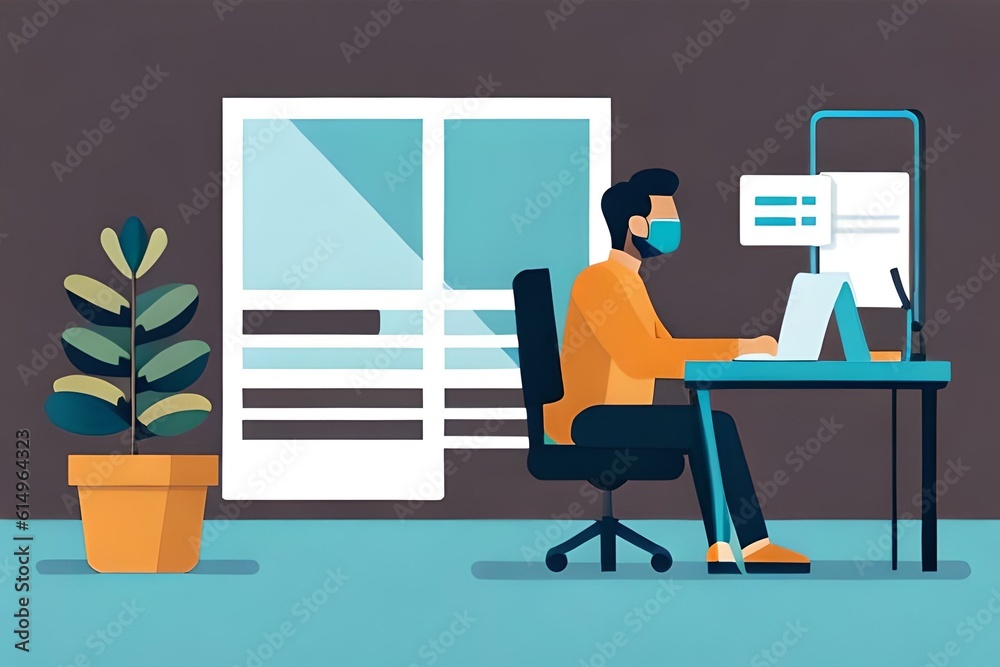 a flat illustration of a person working on a computer, with a ...
