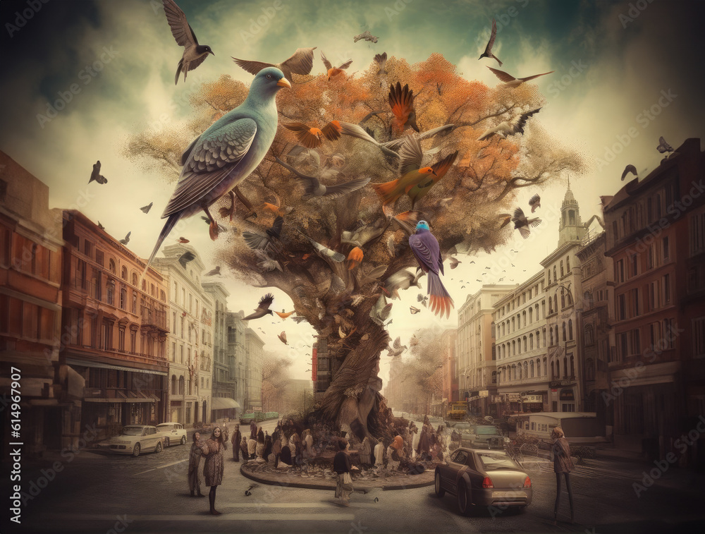 Surreal dreamscape comes alive: Enchanting collage merges colossal tree ...