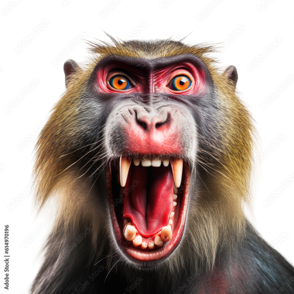 front view of ferocious looking Mandrill animal looking at the camera ...