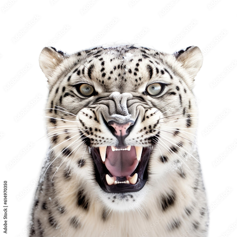 front view of ferocious looking Snow Leopard animal looking at the ...