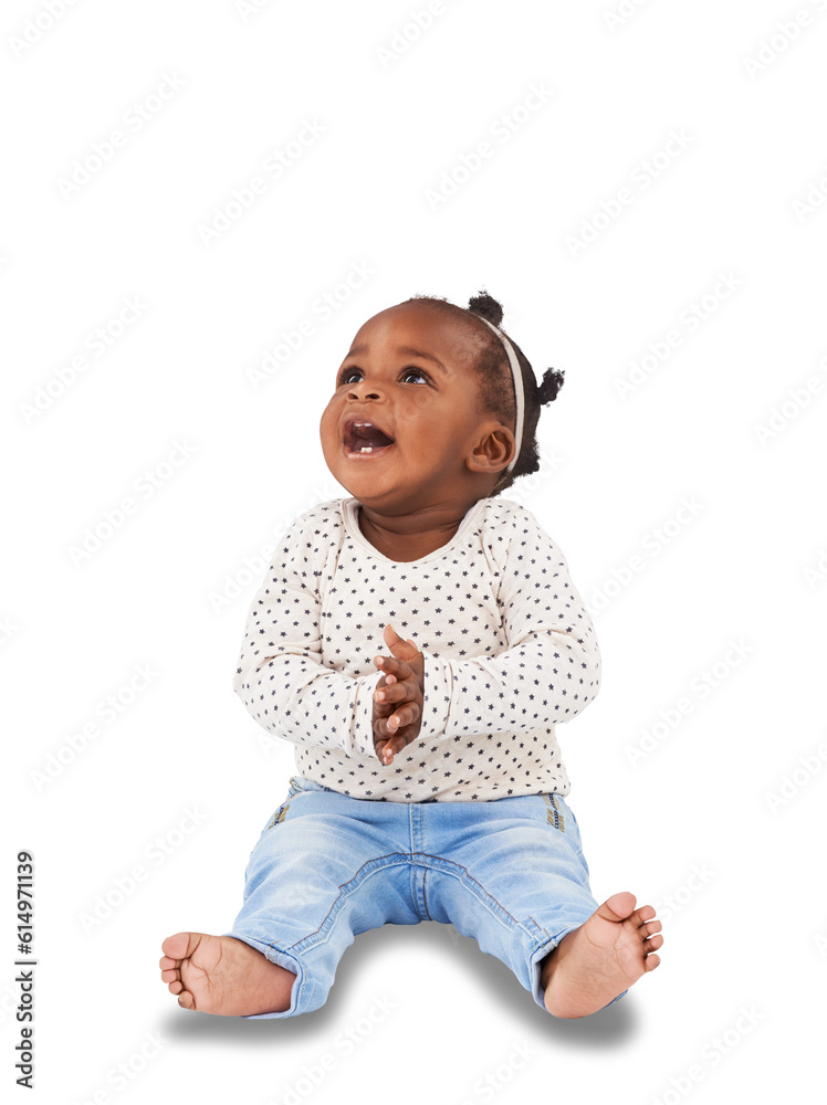 African, children and clapping with a girl baby isolated on a ...