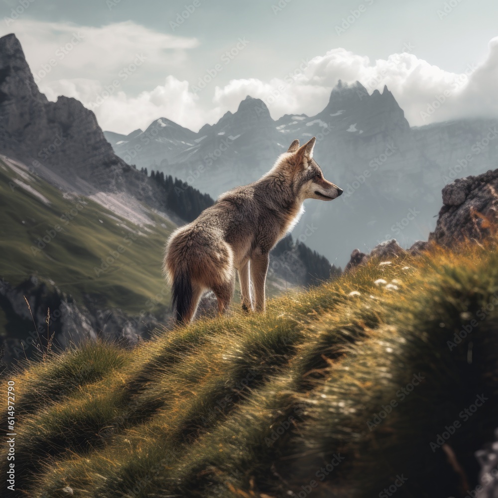 Eastern timber wolf howling on a grass in the alp mountains. generative ...