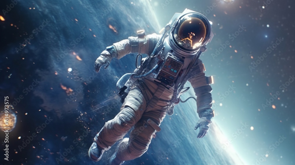 An astronaut jumps out of a spaceship into outer space. The animation ...
