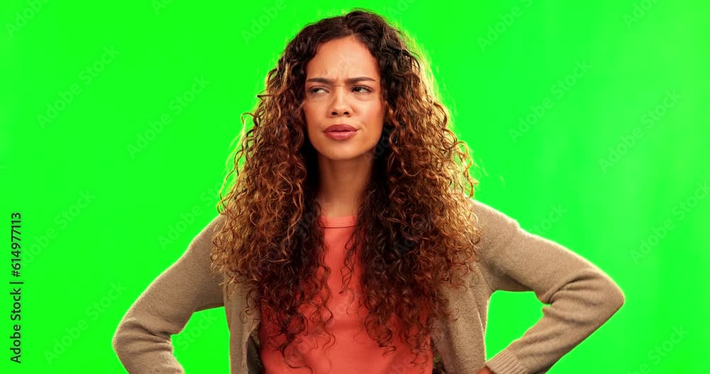 Confused, frustrated and woman in green screen studio with fail ...