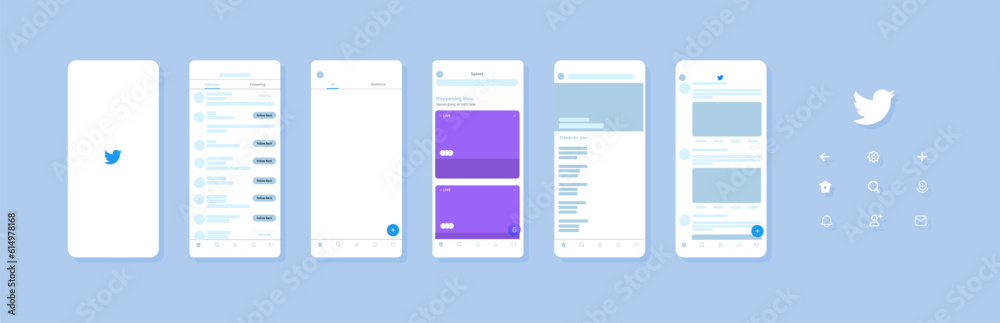 Twitter. Set Twitter screen social media and social network interface ...